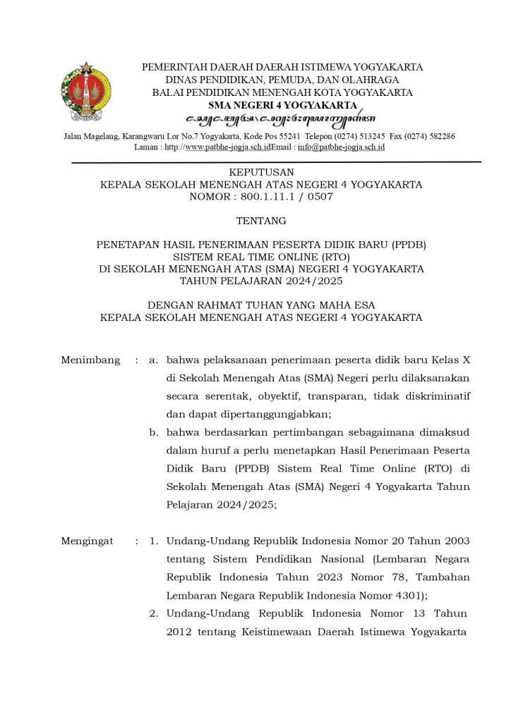 PENGUMUMAN PENERIMAAN PESERTA DIDIK BARU JALUR REGULER TAHUN 2024/2025 – SMA N 4 YOGYAKARTA